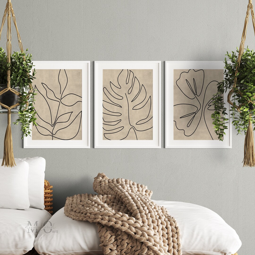 Minimalist Wall Art Set of 3, Beige Line Art Poster, Abstract Botanical ...