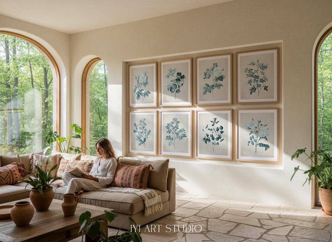 Blue Vintage Floral Wall Art: Farmhouse Botanical Print Set of 8 ...