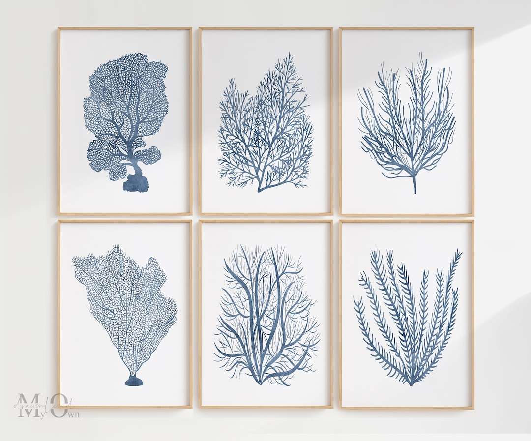 Sea Coral Poster, Set of 6 Beach Prints, Blue Nautical Printable Art ...