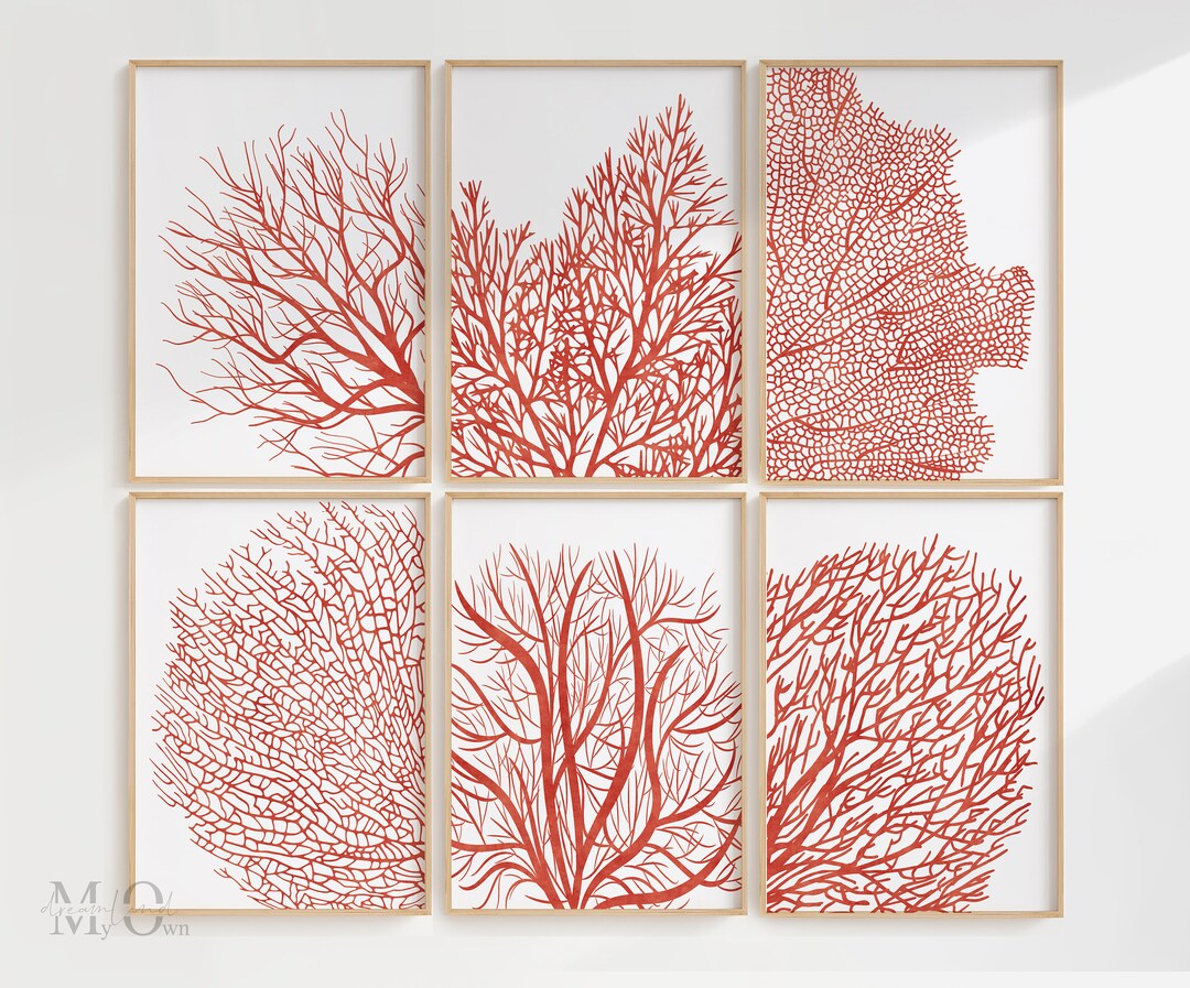 Red Coral Print Set of 6, Minimalist Coastal Decor, Coral Color Wall ...