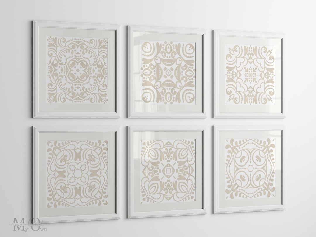 Set of 6 Spanish Tiles, Neutral Pattern Tile, Abstract Tiles Wall Art ...