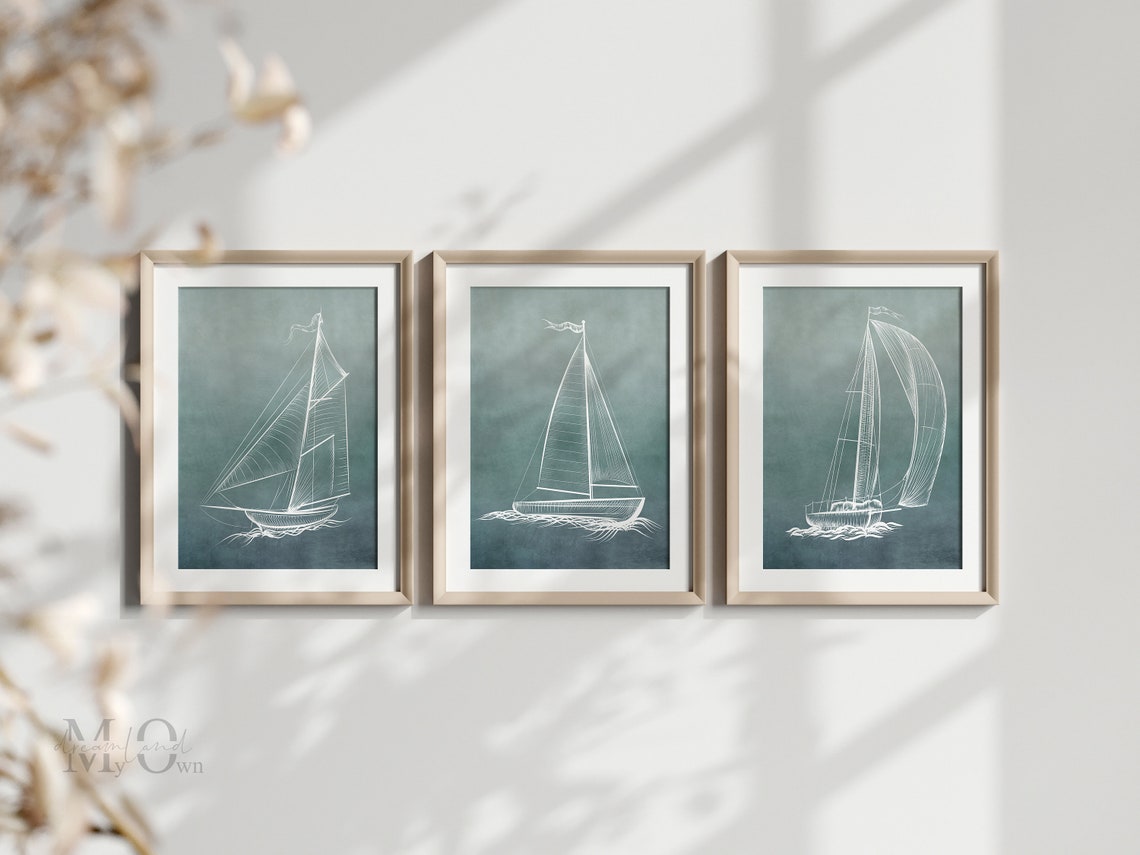 Sailboat Wall Art Print: Blue Nautical Yacht Poster Set of 3 (digital ...