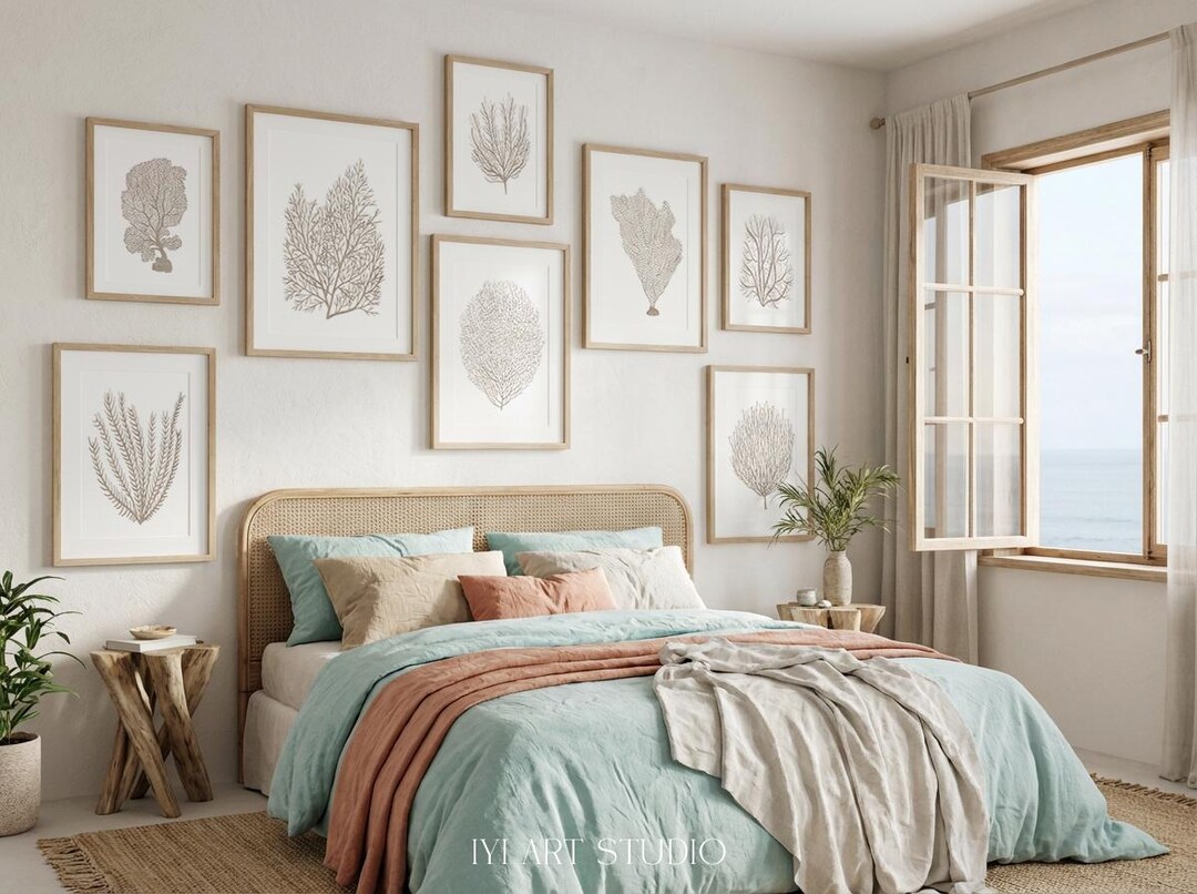 Neutral Sea Coral Prints: Coastal Wall Art Set of 8, Beige Beach ...