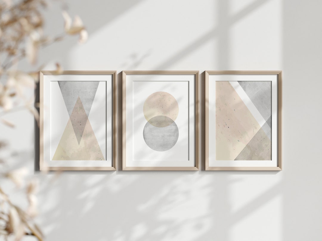 Geometric Wall Art Set of 3, Printable Abstract Poster, Pink Gray ...