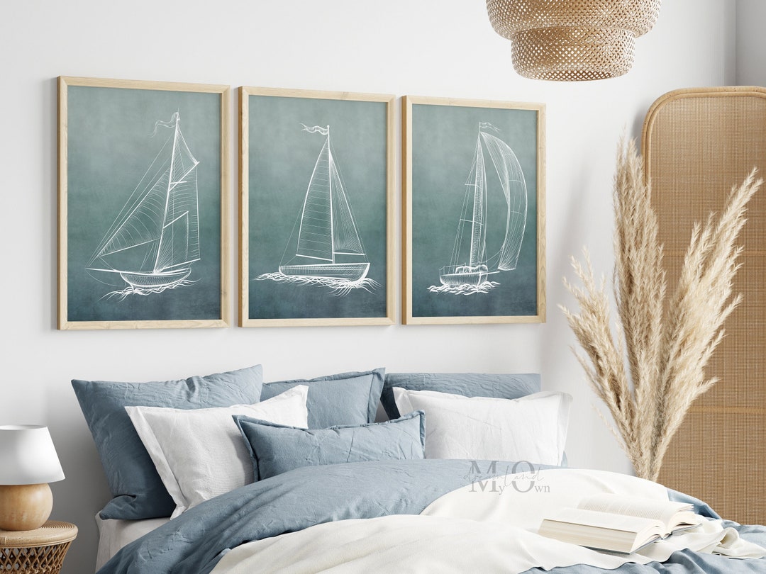 Nautical Wall Art Set of 3 Blue Yacht Prints for Beach Home - Etsy