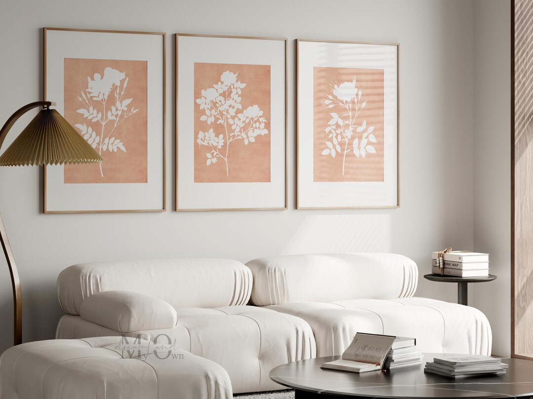 Peach Colored Wall Art, Floral Print Set of 3, Peach Colored Room Decor ...