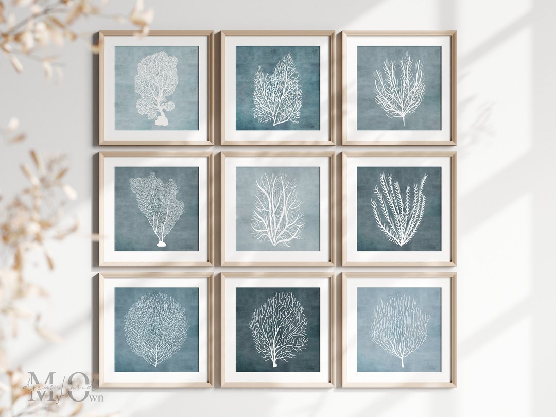 Square Gallery Prints, Blue Coral Print Set of 9, Beach Gallery Wall ...