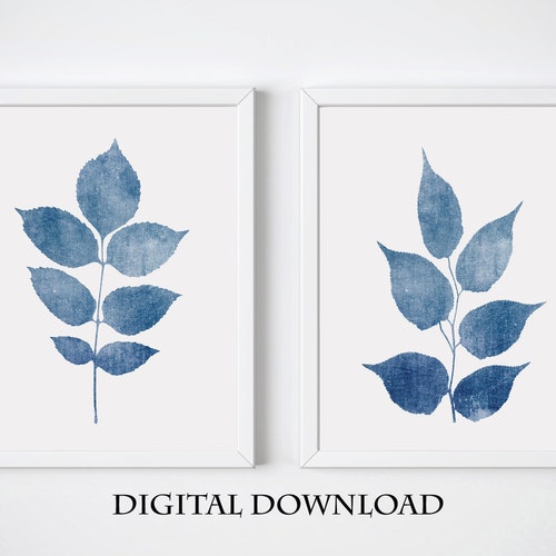 Leaf Print Blue Leaves Printable Wall Art Watercolor Leaves - Etsy