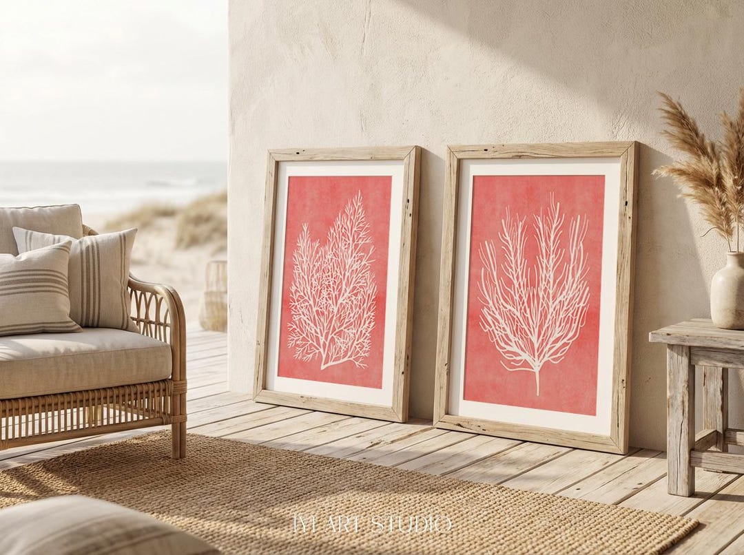 Red Coral Print Set of 2: Beach Coastal Wall Art Foe Bathroom Decor - Etsy
