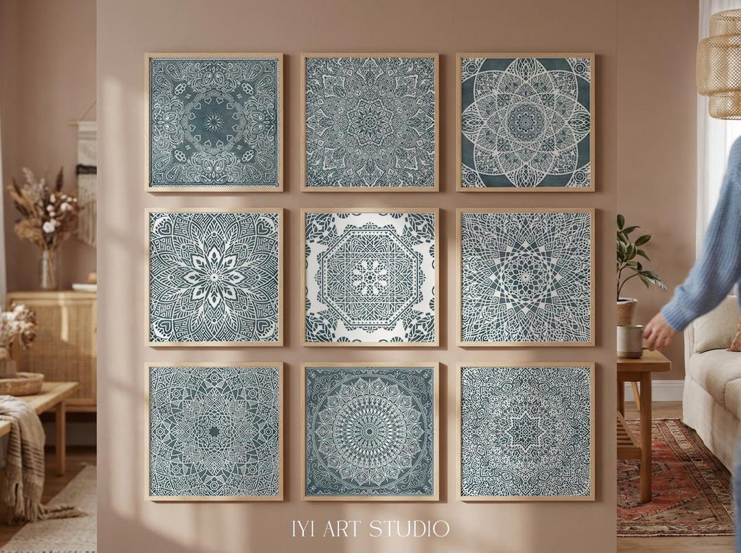 Blue Mandala Wall Art Set of 9: Square Gallery Wall Poster for Modern ...