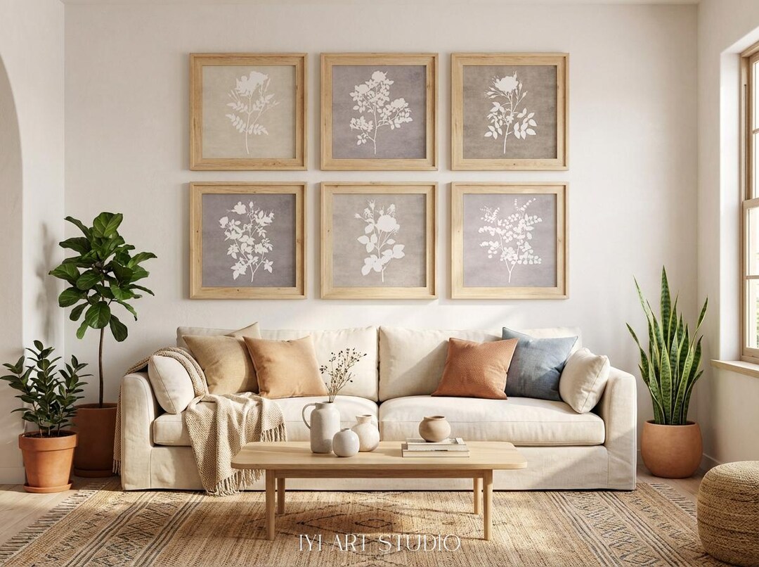 Square Botanical Gallery Wall Art Set of 6: Earth Tone Floral Poster ...
