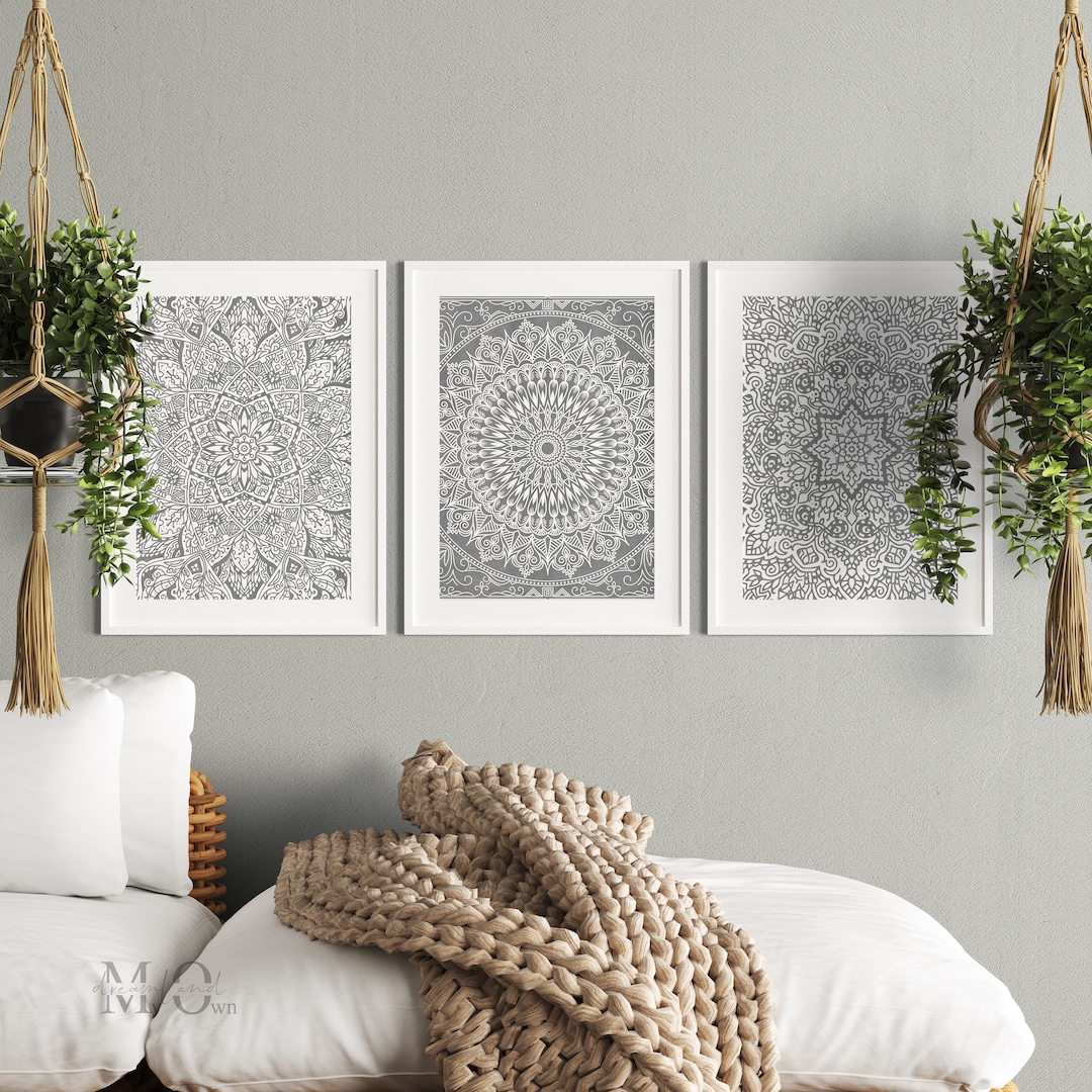 Gray Mandala Poster, Boho Mandala Wall Art, Gray Bohemian Print Set of ...