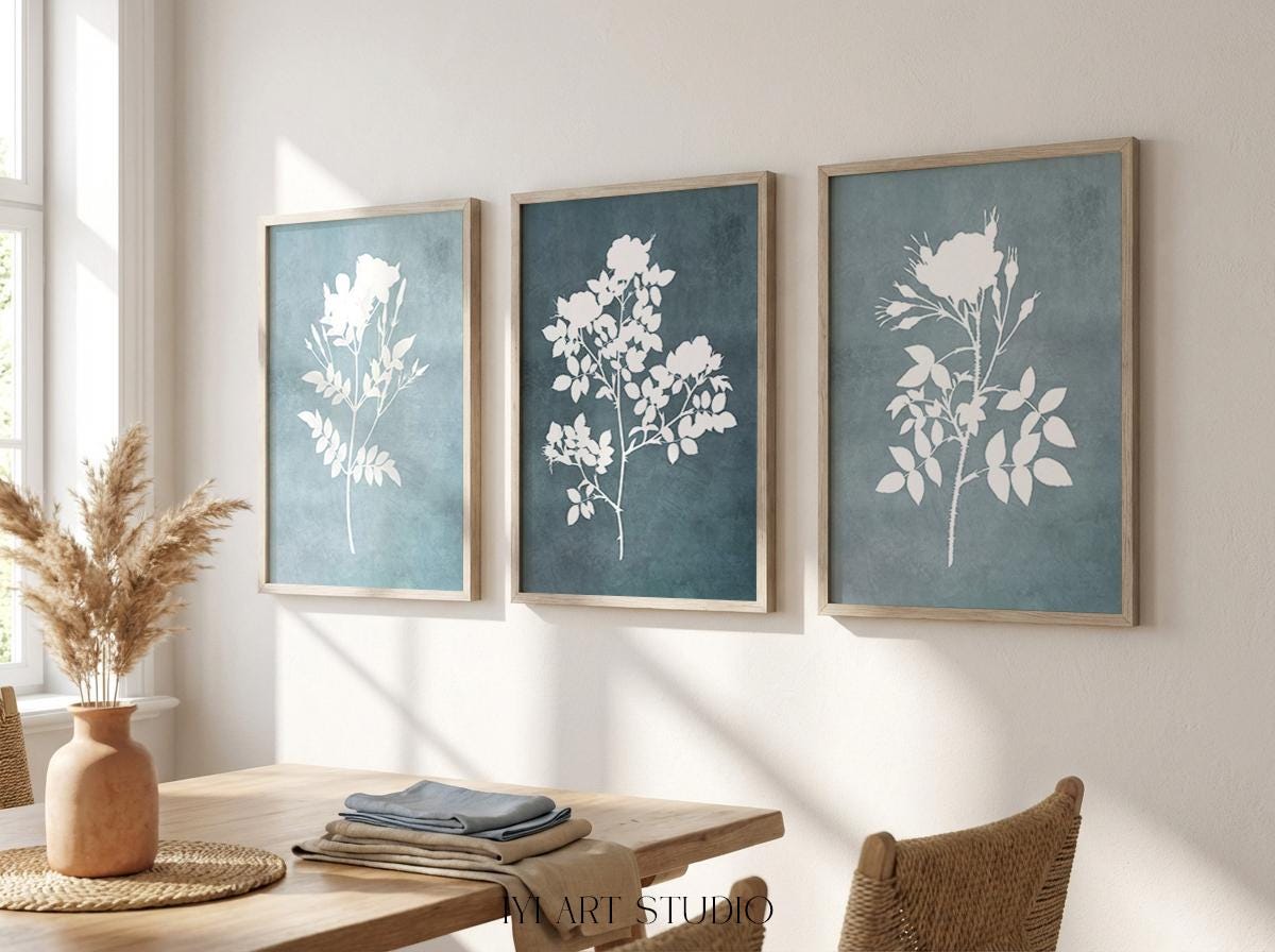 Printable Blue Floral Posters: Set of 3 Prints for Bedroom, Different ...