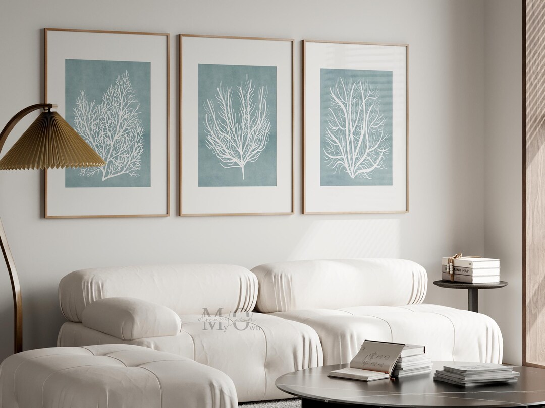 Hamptons Prints Set of 3, Coral Wall Decor, Hamptons Wall Art Blue ...