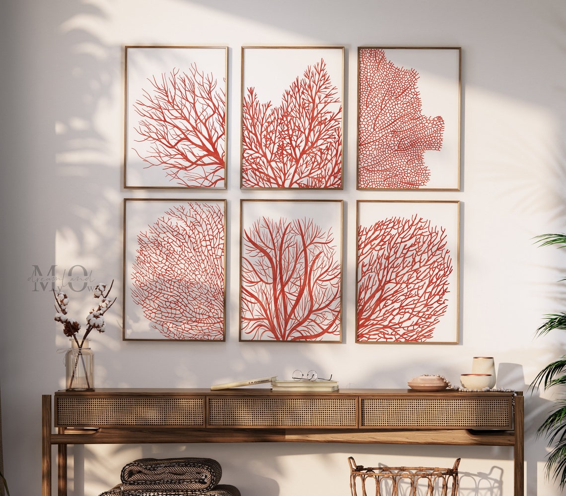 Red Coral Wall Art Printable: Sea Fan Poster Set of 6, Coral Color ...