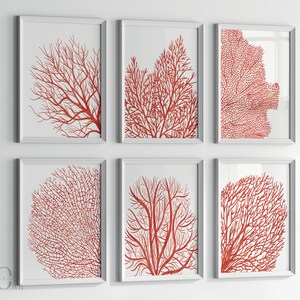 Red Coral Wall Art Printable: Sea Fan Poster Set of 6, Coral Color ...