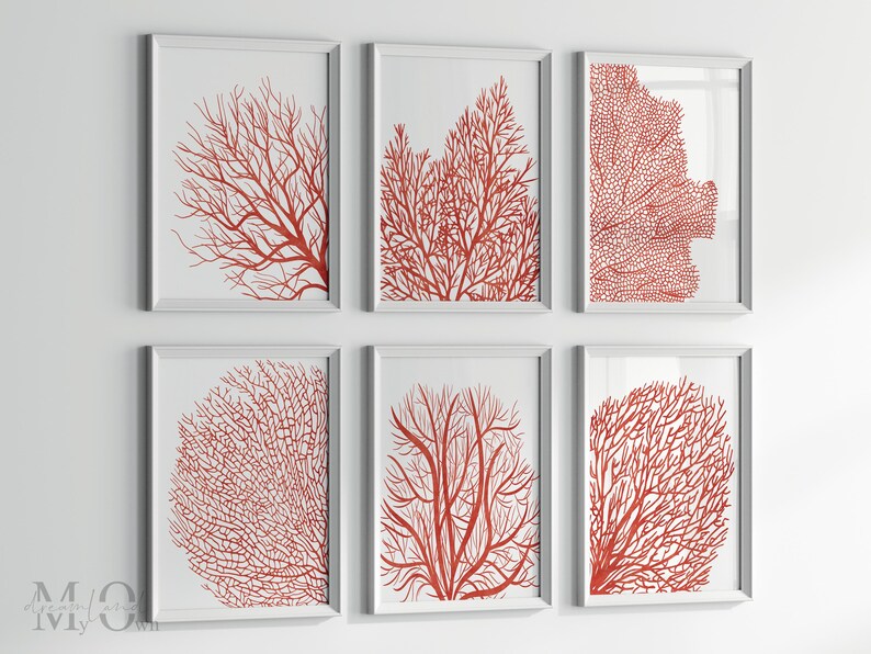 Red Coral Wall Art Printable: Sea Fan Poster Set of 6, Coral Color ...