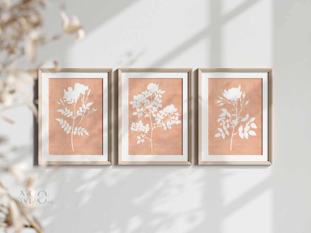 Peach Colored Wall Art, Floral Print Set of 3, Peach Colored Room Decor ...