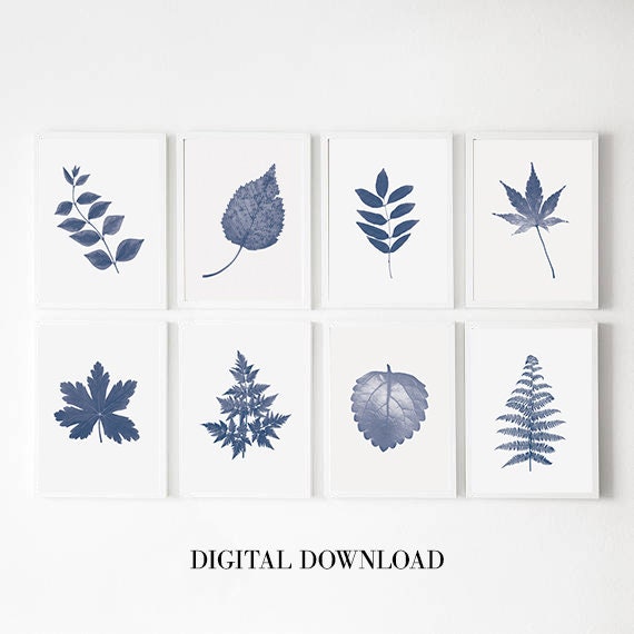 Printable Leaf Wall Art Set of 8 Prints Blue Gallery Wall - Etsy