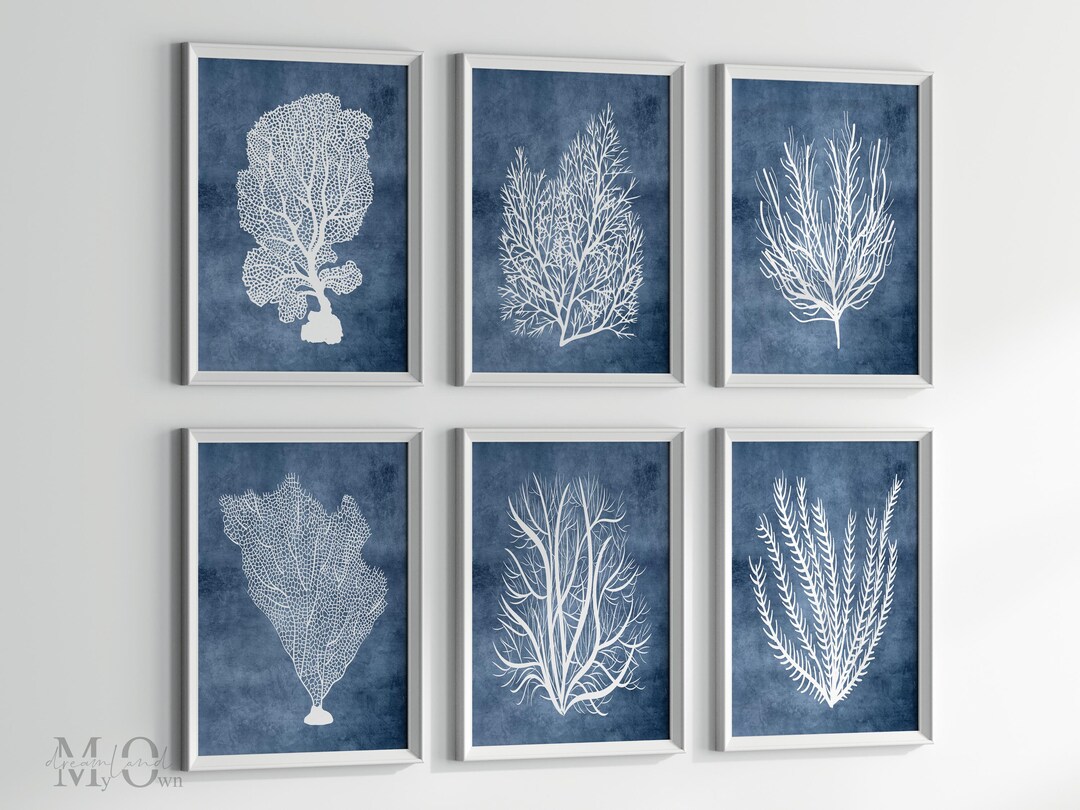 Navy Blue Coral Wall Art, Hamptons Print Set of 6, Watercolour Poster ...