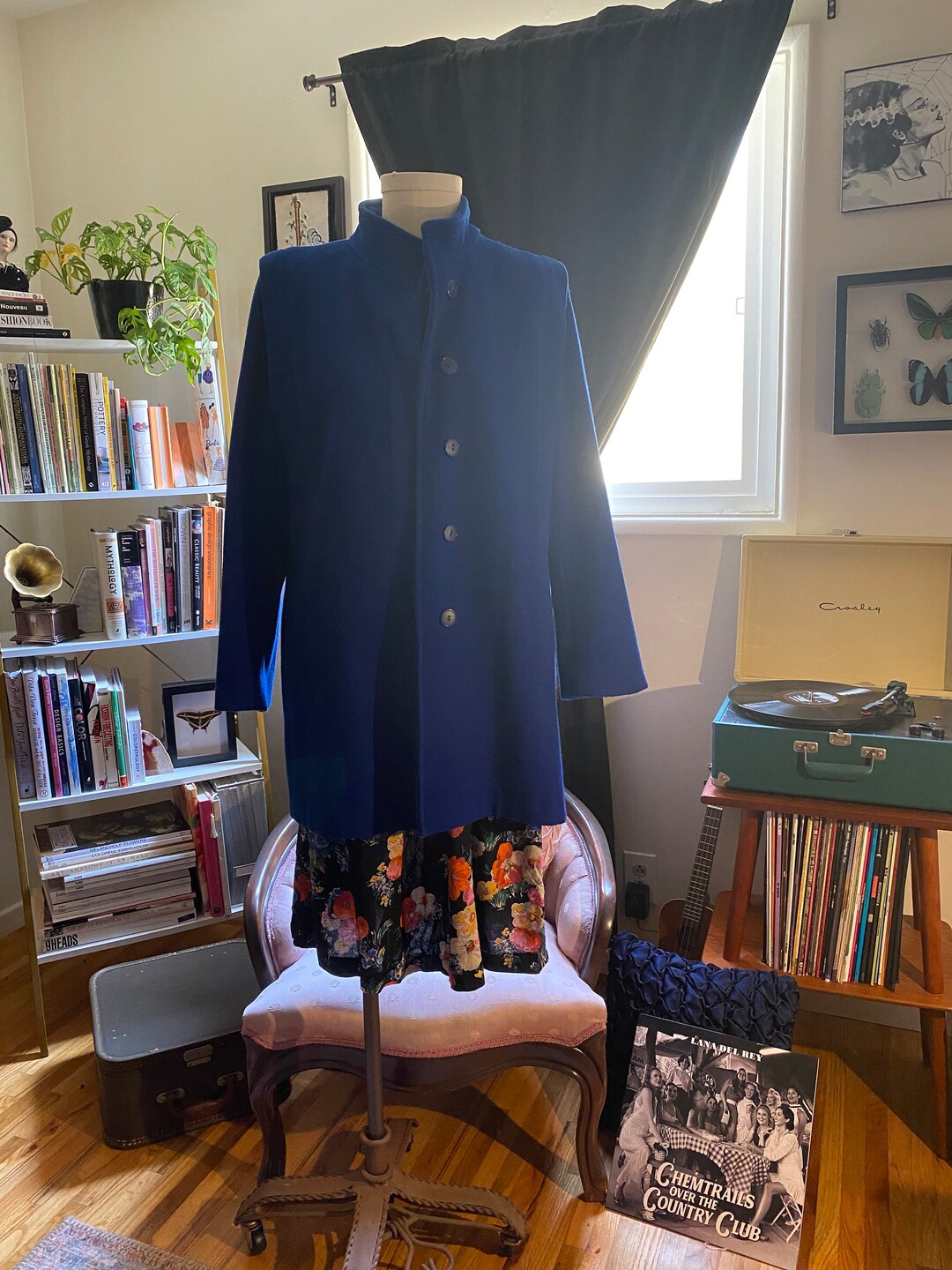 1980s Cobalt Blue Wool Winter Coat. Hidden Front Button Placket. Lined ...