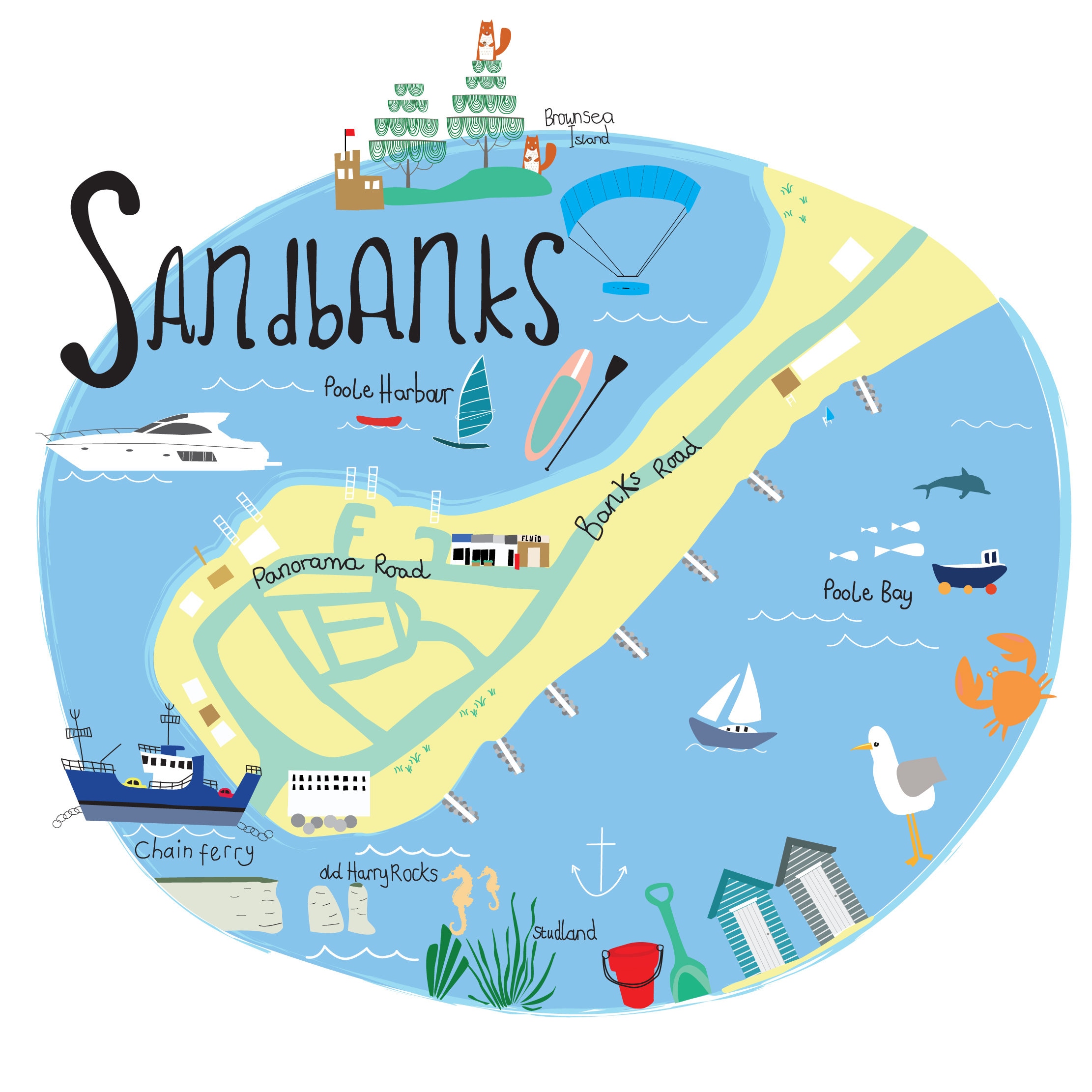 Sandbanks Map Illustration Print Poole Dorset Seaside Print - Etsy UK
