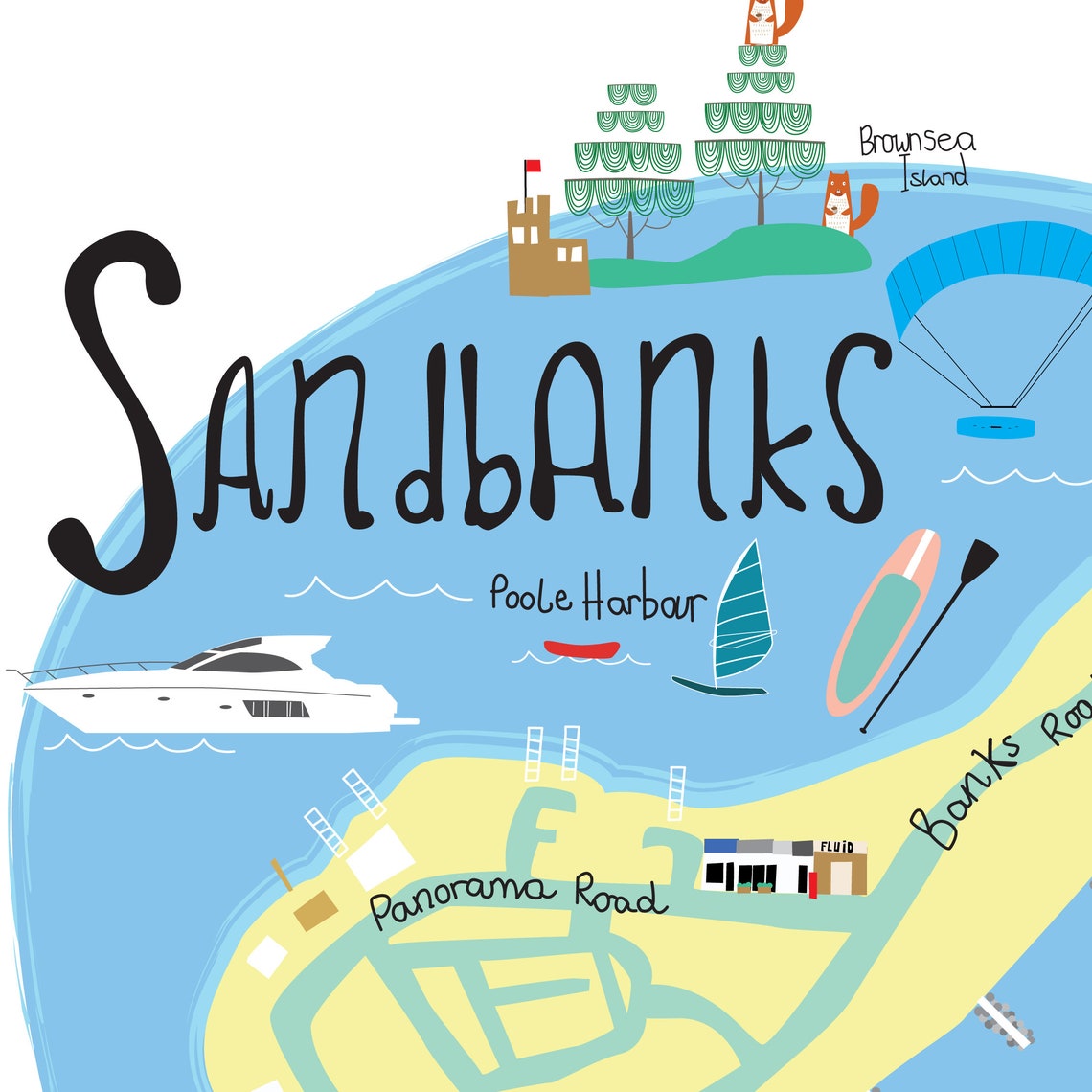 Sandbanks Map Illustration Print Poole Dorset Seaside Print - Etsy UK