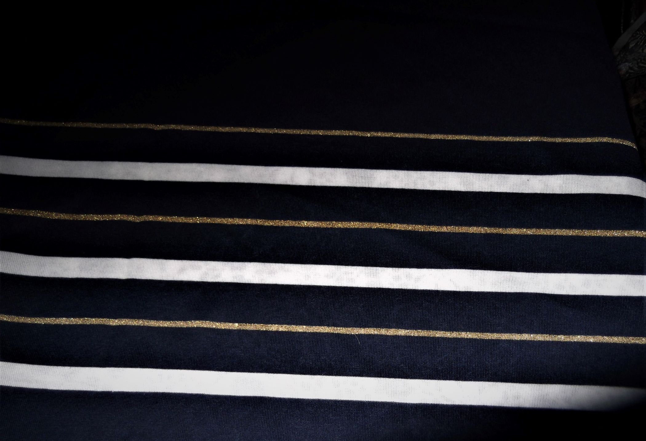 Navy Blue Border Striped Knit Fabric. 125 Cm Width, Metallic Gold and ...