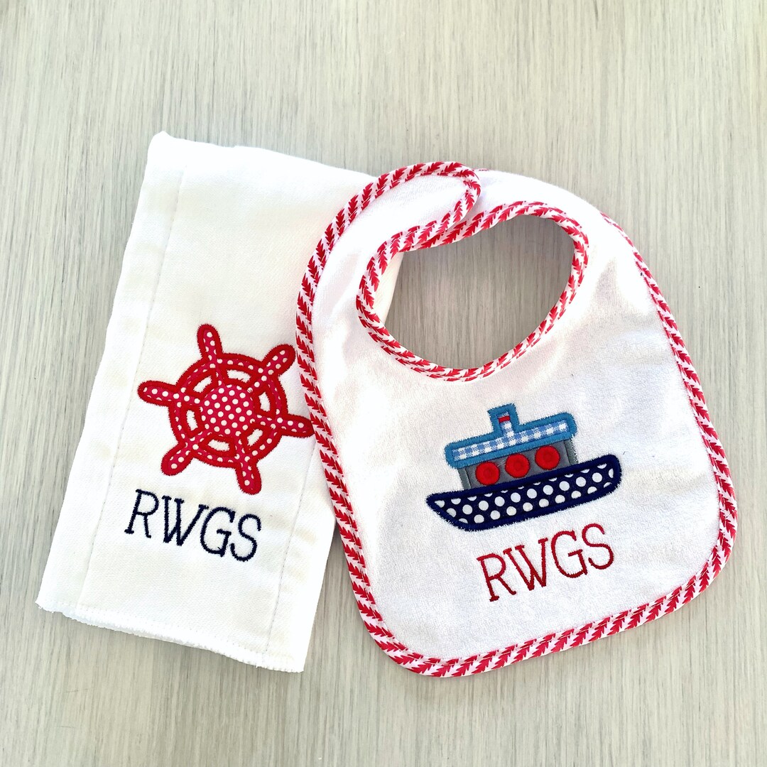 Little Captain Tugboat Ship Bib and Monogram Burp Cloth Nautical Baby ...