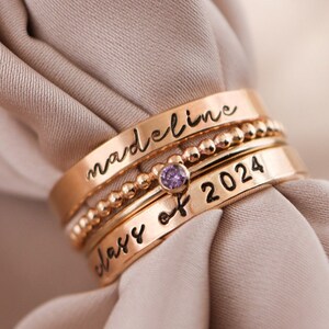 Gold Class Ring Set, Modern Class Rings, Personalized Graduation Gift ...