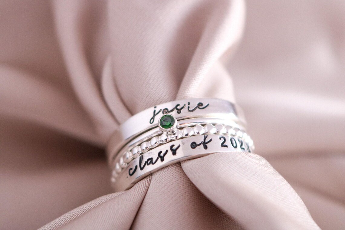 Class Ring Set, Sterling Silver Modern Class Rings, Personalized ...