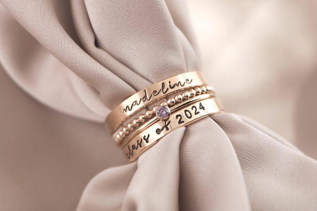 Class Ring Set, Gold Modern Class Rings, Personalized Graduation Gift ...