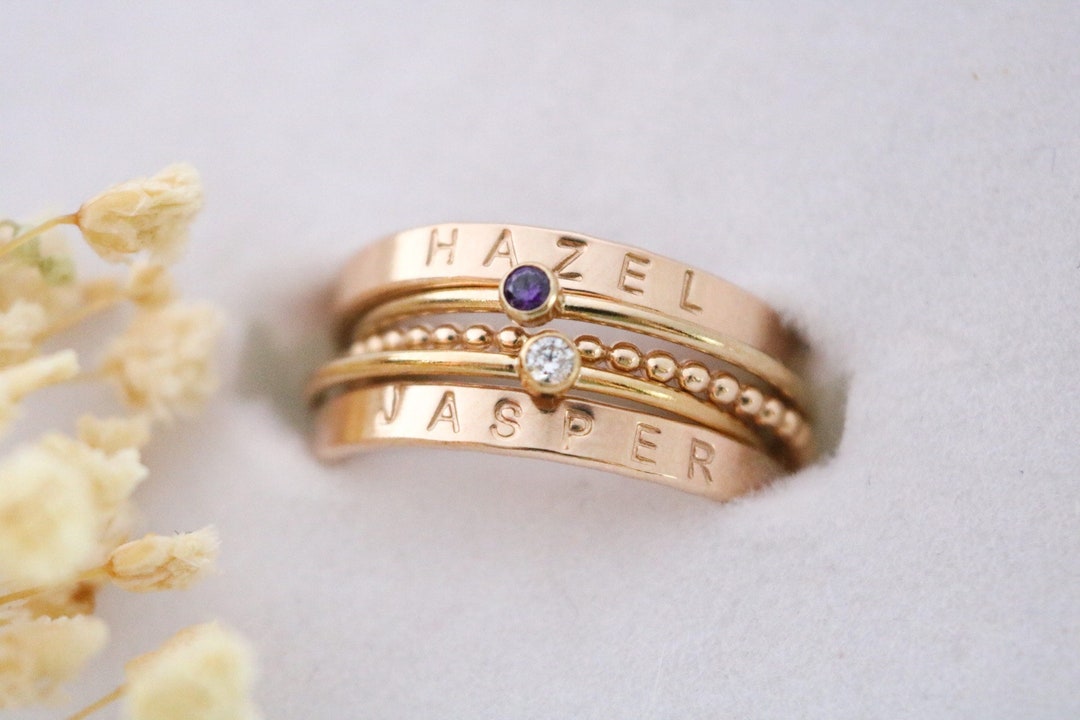 Gold Filled Name Ring Set With Birthstones, Personalized Mothers Day ...