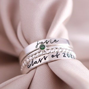 Class Ring Set, Sterling Silver Modern Class Rings, Personalized ...