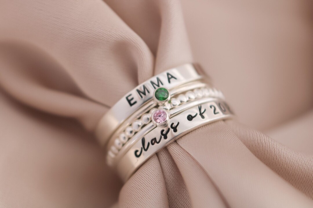 Silver Class Ring Set, TWO School Color Rings, Sterling Silver Modern ...