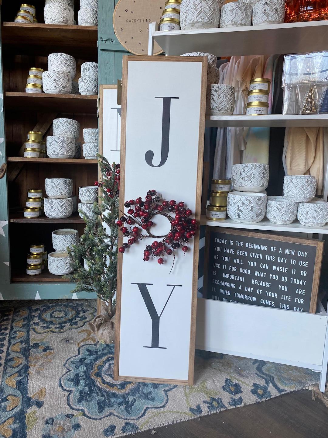 Vertical Joy Wood Sign With Red Berry Wreath Christmas Decor Holiday ...