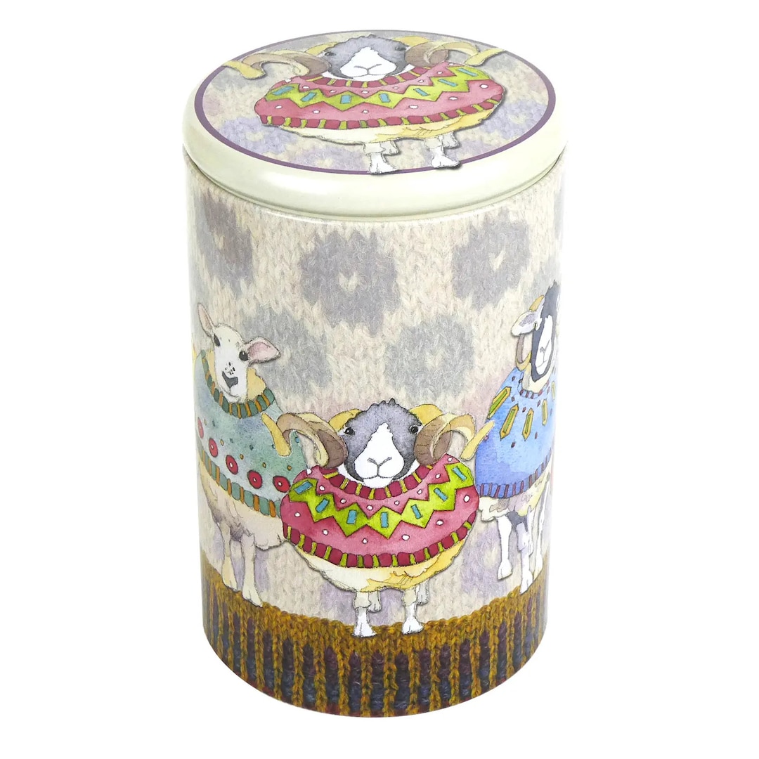 Emma Ball SHEEP IN SWEATERS Tall Round Caddy, Notions Tin, Sheep Tin ...