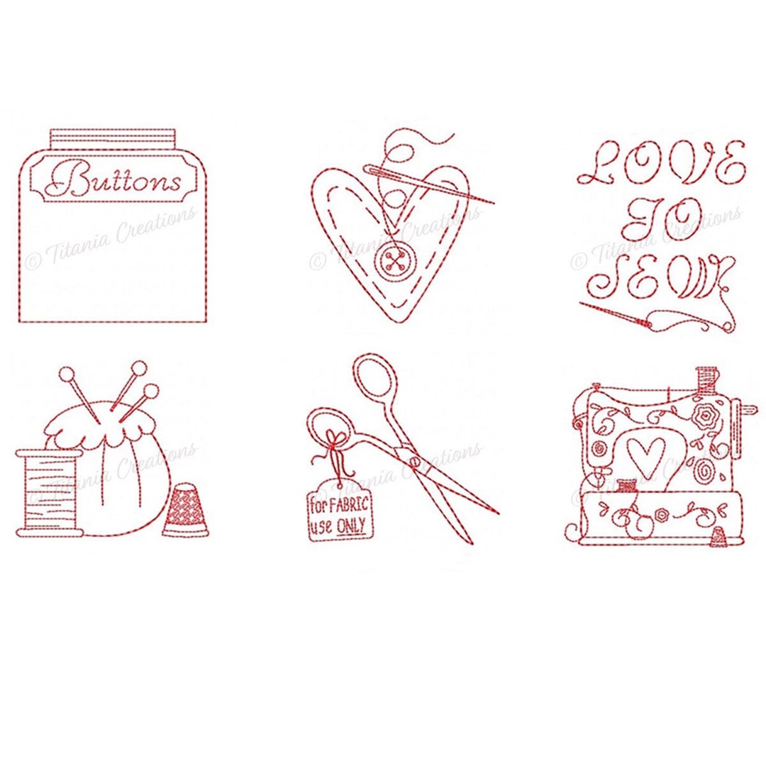 Redwork Sewing Machine Embroidery Designs, Set of 6 (4x4 5x5) (digital ...