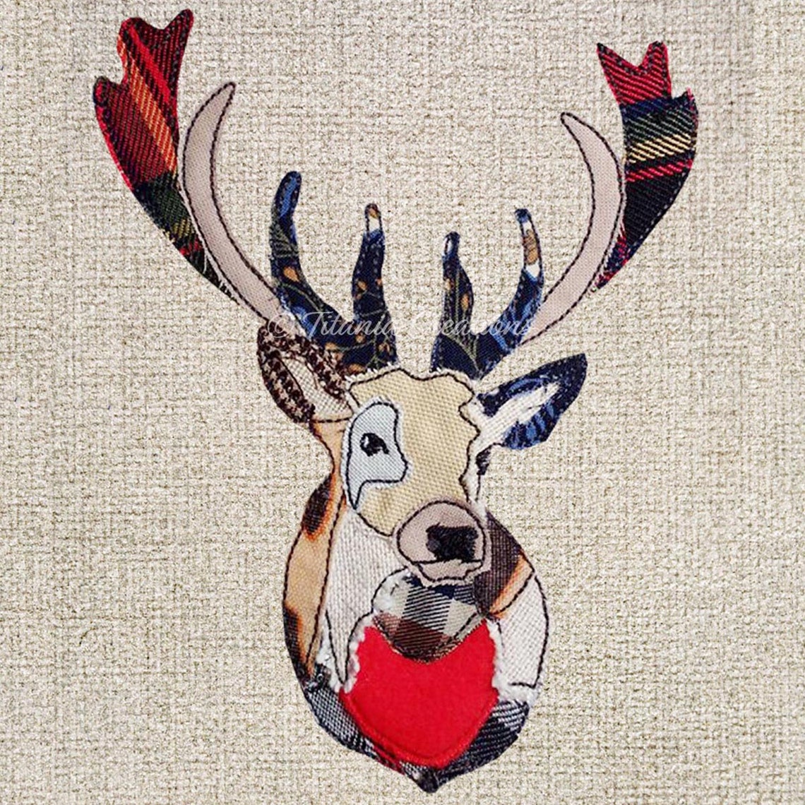 Patchwork Stag Head Machine Embroidery Design, Raw Edge Applique ...