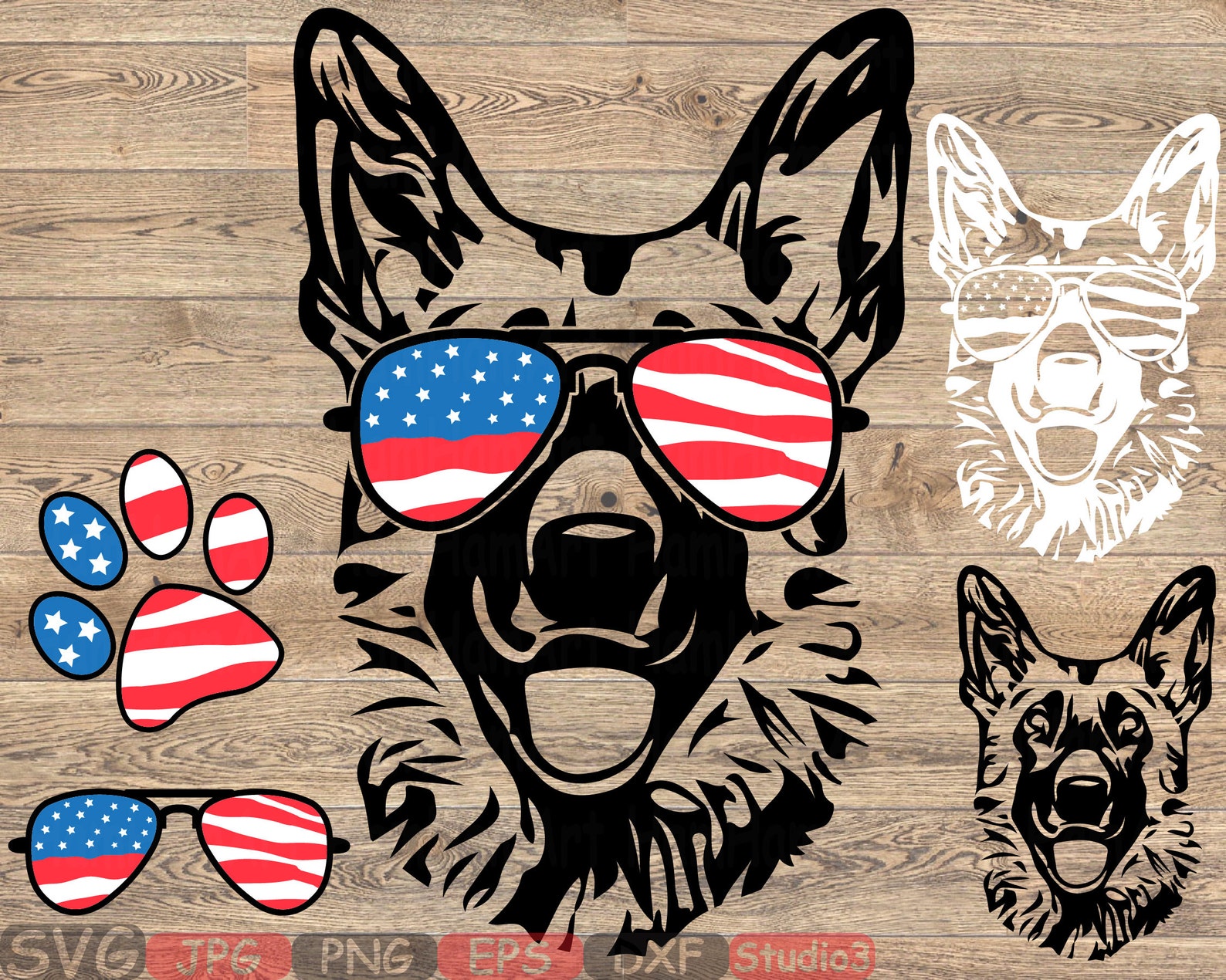 German Shepherd USA Flag Glasses Paw Silhouette SVG Cutting | Etsy