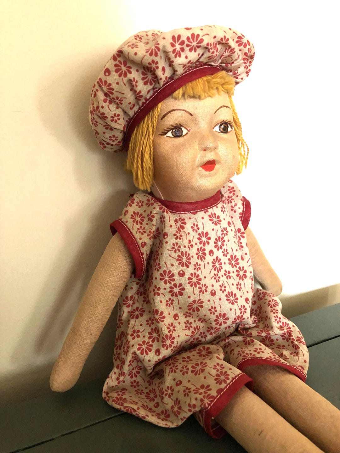 Vintage Cloth Doll, Hand Painted Molded Face, Yarn Hair, Romper Outfit ...