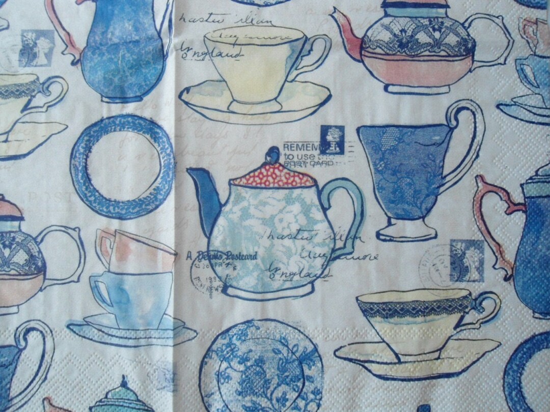 4 Decoupage Luncheon Napkins Teapots Tea Cups Lace Floral Plates Script ...