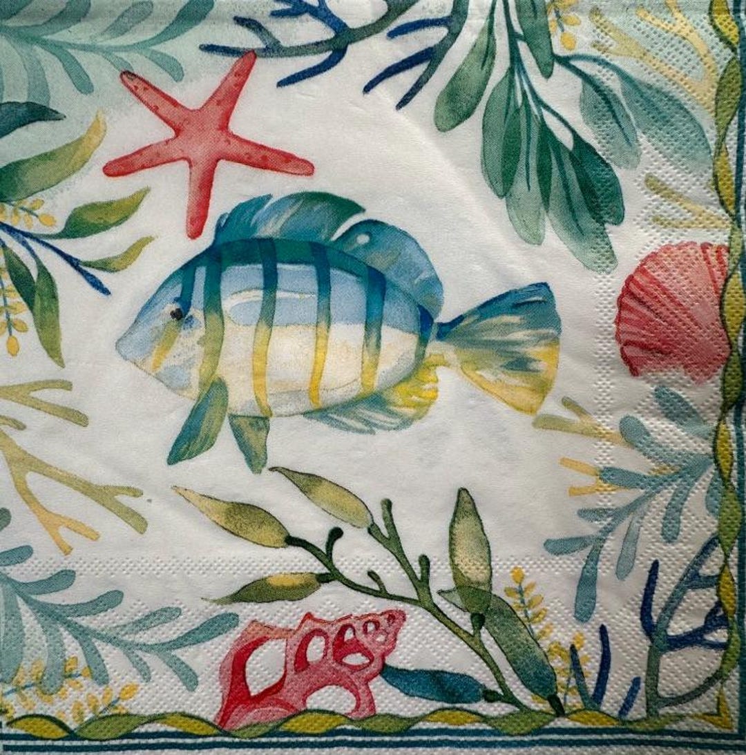 4 Decoupage Dinner Napkins La Mer Fish Starfish Seashells Sea Life ...