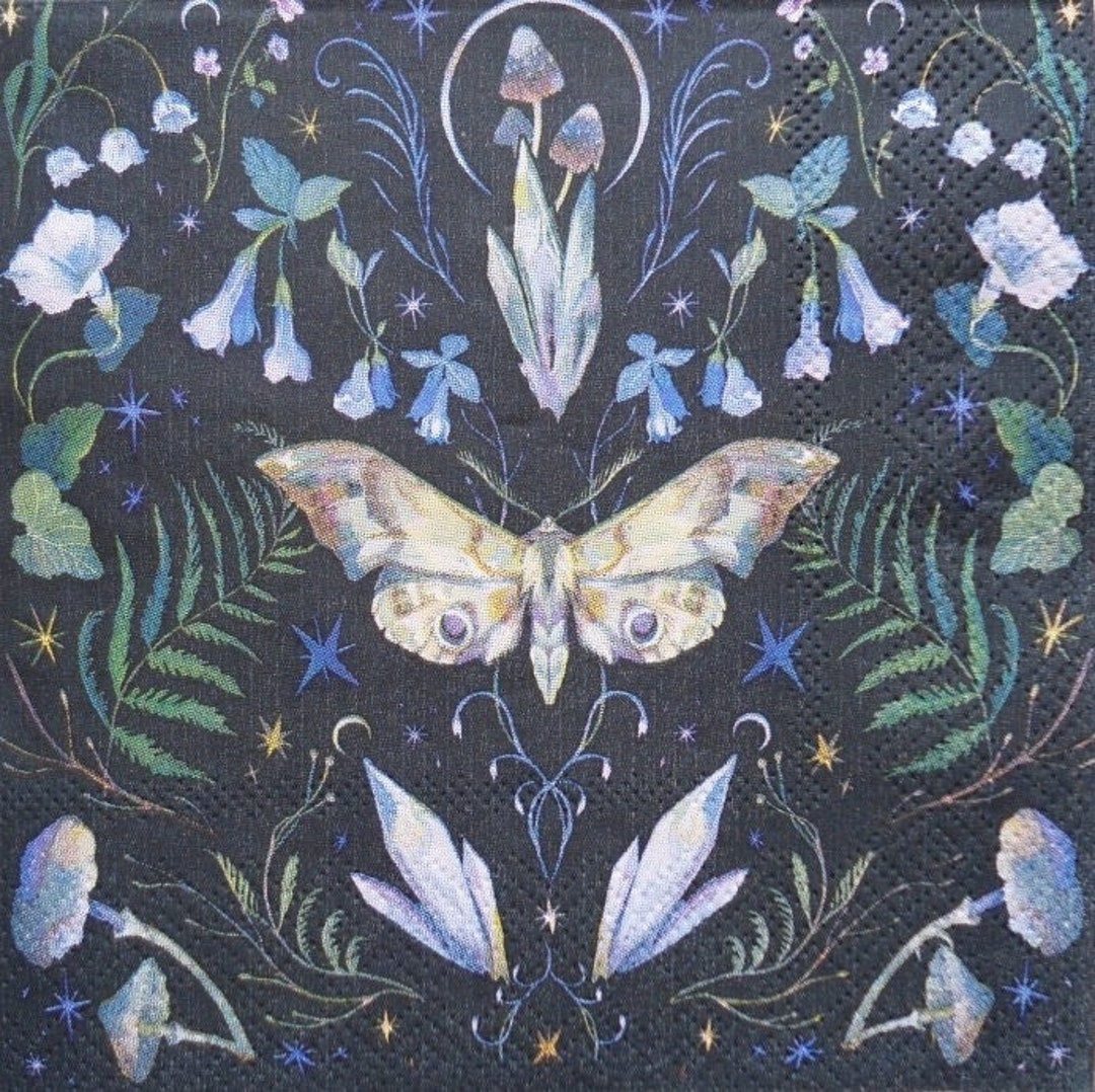 4 Decoupage Cocktail Napkins Celestial Night Moth Crystals Night Sky ...