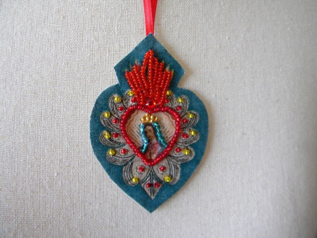 Hand Beaded Scapular Medal Sacred Heart Fabric Mother Mary - Etsy