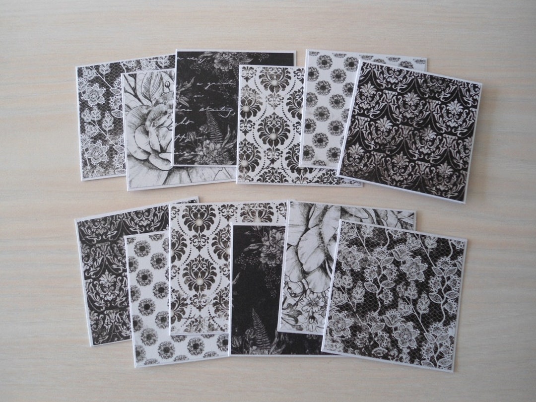 12 Mini Square Notecards With Envelopes Black and White Elegant Damask ...