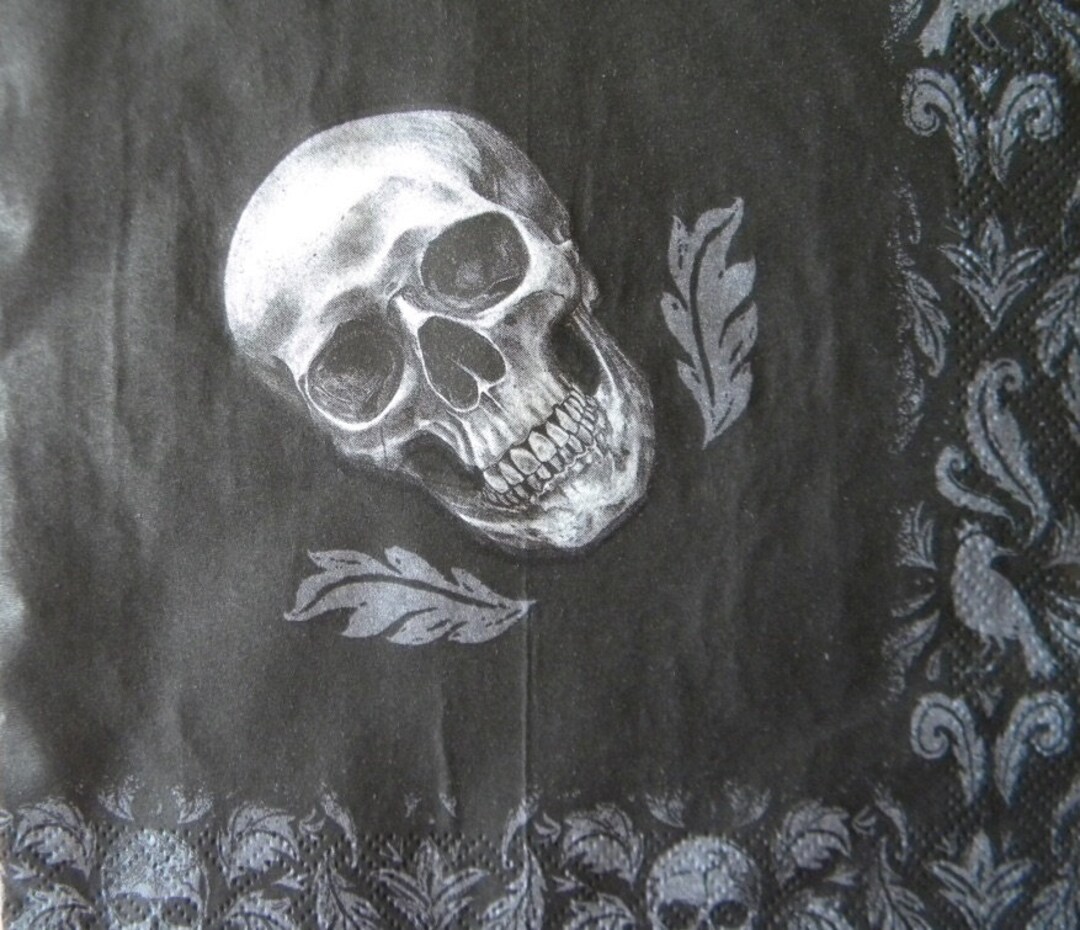 4 Decoupage Luncheon Napkins Damask Skull Goth Black With Gray White ...