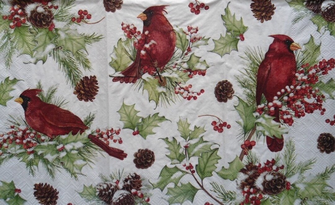 4 Decoupage Dinner Napkins Red Cardinal Birds on Snowy Pine Tree ...