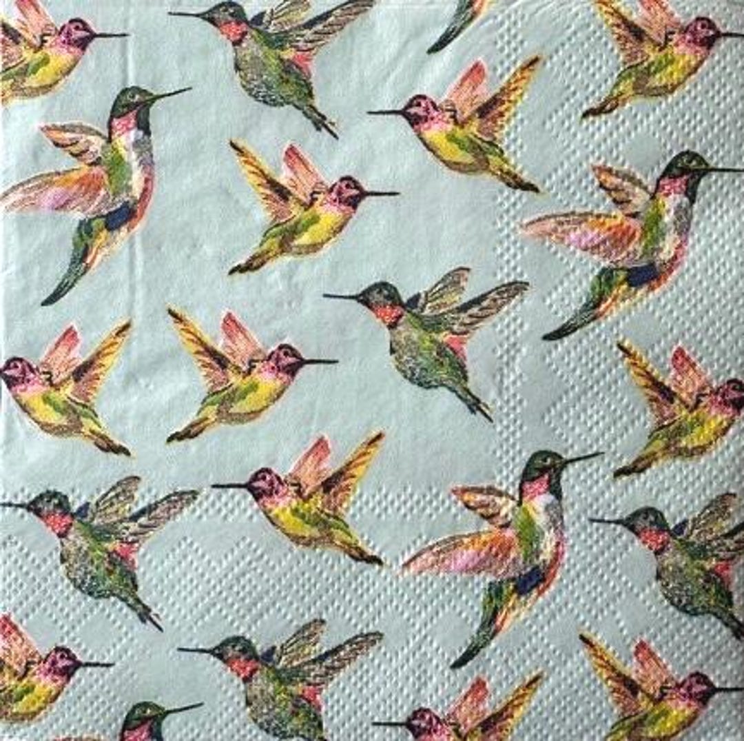 4 Decoupage Cocktail Napkins Colorful Hummingbirds on Teal Flying ...