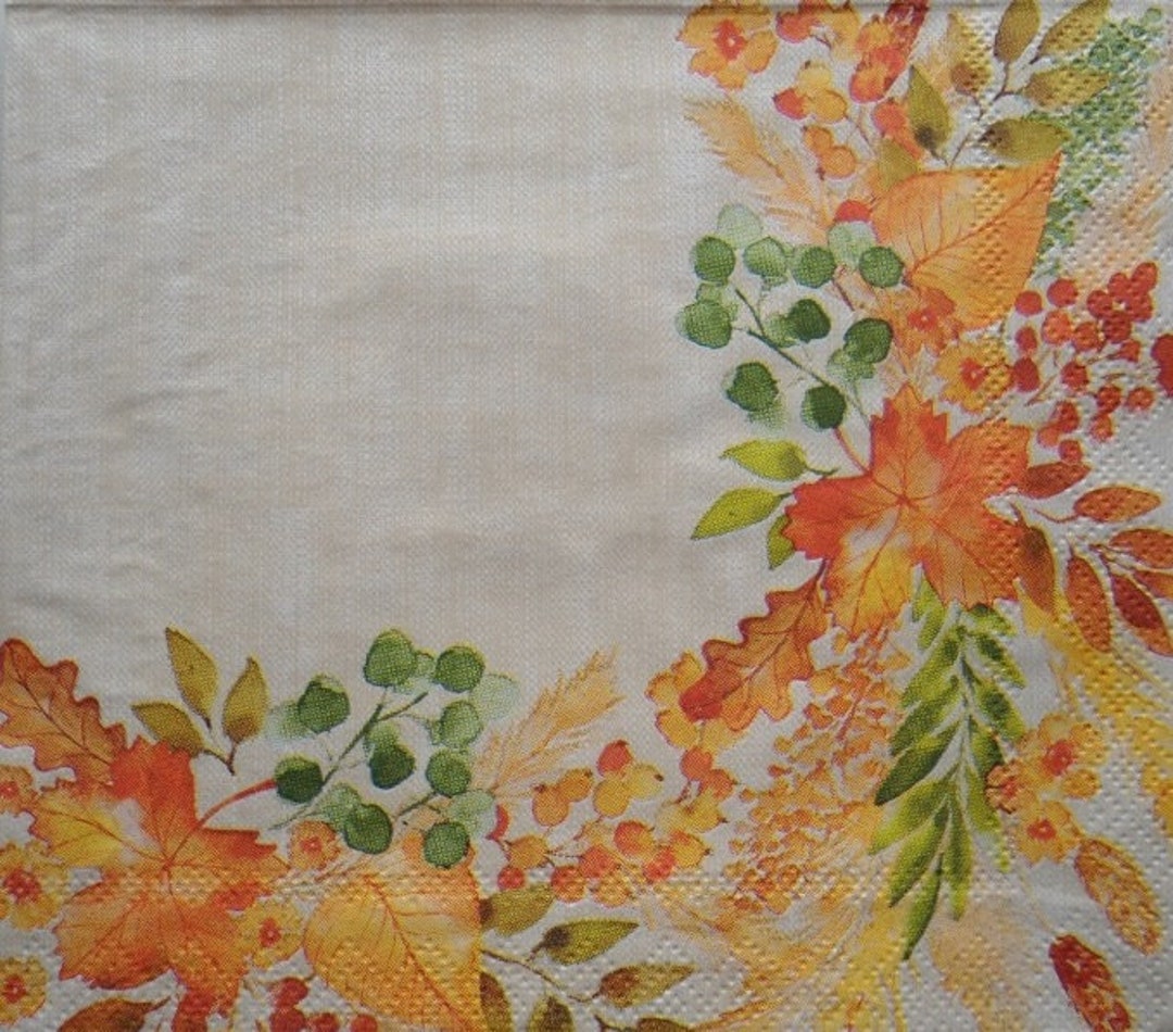 4 Decoupage Luncheon Napkins Fall Leaves Border on Beige Linen ...